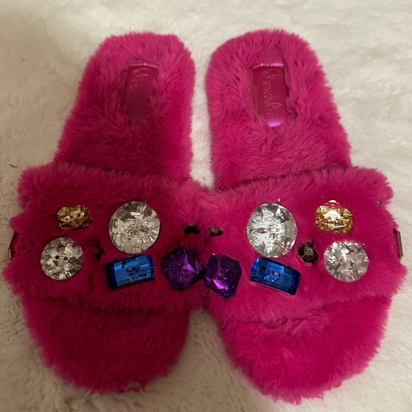 Shoes | Barbie Pink Fur Fluffy Slippers With Colorful Gems Size 6 ...